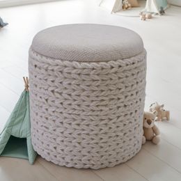 Sitzhocker FineBuy Hocker mit Stauraum Wolle rund 40x40x45 cm Creme Weiß Boho