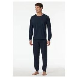 Schlafanzug Schiesser "Comfort Essentials", Herren, Gr. 50, blau (803, dunkelblau), Single Jersey, Obermaterial: 100% Baumwolle, gestreift, unifarben, regular fit lang, Rundhals, Homewear-Sets Schlafanzug, mit gestreiftem Oberteil