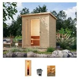 Saunahaus Karibu "Talo 1", beige (naturbelassen), Bio-Kombiofen, externe Steuerung, 9 kW, Saunen, Ofen 9 kW Bio externe Strg easy
