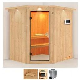 Sauna Karibu "Stine", beige (naturbelassen), Bio-Kombiofen, externe Steuerung, 9 kW, Saunen, Ofen 9 kW Bio externe Strg easy