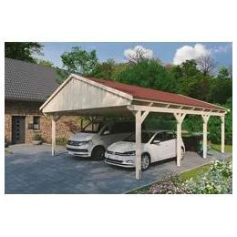Skan Holz Doppelcarport SKANHOLZ "Fichtelberg", beige (natur), B/H/T: 574cm x, Carports, mit roten Schindeln