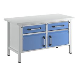 eurokraft pro Werkbank, Gestellbauweise, Breite 1500 mm, 2 Schubladen, 2 T&uuml;ren, lichtblau, Universalplatte
