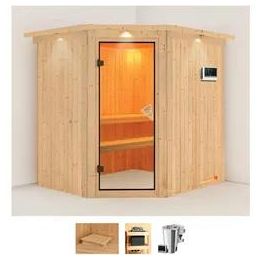 Sauna Karibu "Laila", beige (naturbelassen), Bio-Kombiofen, externe Steuerung, 3,6 kW, Saunen, Ofen 3,6 kW Bio-Ofen externe Strg. easy