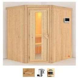 Sauna Karibu "Laila", beige (naturbelassen), Bio-Kombiofen, externe Steuerung, 3,6 kW, Saunen, Ofen 3,6 kW Bio-Ofen externe Strg. easy