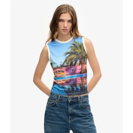 Superdry Damen Wei&szlig;, Blau und Gr&uuml;n Sub Oberteil mit Print Grafikdruck, Gr&ouml;&szlig;e: 44 21030260005782VS025