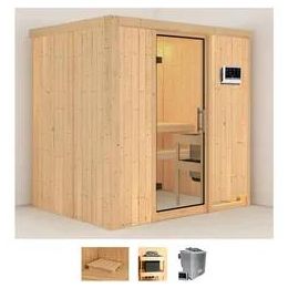 Sauna Karibu "Bedine", beige (naturbelassen), Bio-Kombiofen, externe Steuerung, 9 kW, Saunen, Ofen 9 kW Bio externe Strg easy