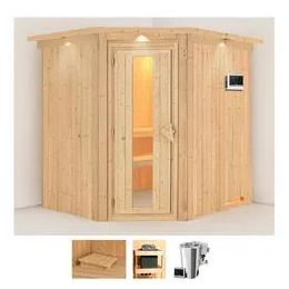 Sauna Karibu "Laila", beige (naturbelassen), Bio-Kombiofen, externe Steuerung, 3,6 kW, Saunen, Ofen 3,6 kW Bio-Ofen externe Strg. easy