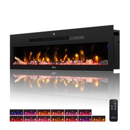 TroniTechnik&reg; Wandkamin elektrisch, Panorama Elektrokamin Schwarz mit LED Flammeneffekt, 900/1800W Heizleistung, dimmbar, App-Steuerung, Fernbedienung, Timer, Kristalle
