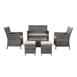GARMIO&reg; ASTI Rattan Sitzgruppe 6-teilig Polyrattan Gartenm&ouml;bel Set mit 2 Sesseln, 2 Hockern, Bank + Hartglas-Tisch wetterfest & wasserabweisende Kissen