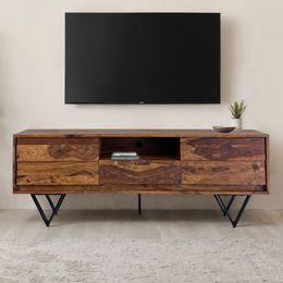 TV Lowboard FineBuy Sheesham Massivholz 160 cm T&uuml;ren Schublade Fach Metallf&uuml;&szlig;e