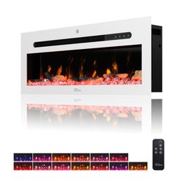 TroniTechnik Wandkamin Panorama Elektrokamin LED Flammeneffekt Elektrisch Timer 12 Farben inkl. Kristalle 900/1800W wei&szlig;