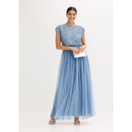 bonprix Maxikleid, blau, Gr.36, Modern und feminin: Abendkleid aus zartem T&uuml;ll mit Oversized Oberteil und Paillettenstickerei