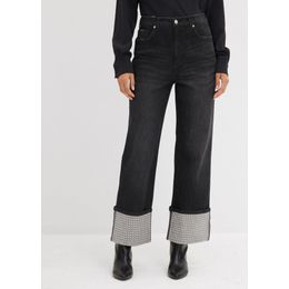bonprix Straight-Jeans High Waist mit Turn Up, schwarz, Gr.40, Straight-Jeans High Waist mit Strass besetzen Turn Up, 79% Baumwolle (organic)