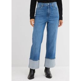 bonprix Straight-Jeans High Waist mit Turn Up, blau, Gr.44, Straight-Jeans High Waist mit Strass besetzen Turn Up, 79% Baumwolle (organic)