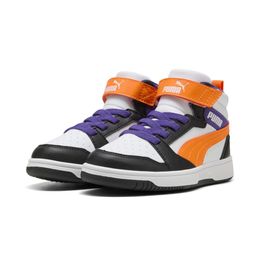 Sneaker Puma "REBOUND V6 MID AC+ PS", Kinder, Gr. 28, Puma wei&szlig;, orange glo, Puma schwarz, Synthetik, mehrfarbig, Schuhe Sneaker