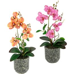 Kunstpflanze I.GE.A. "Orchidee", bunt (rosa, orange), B:18cm H:38cm L:38cm, Kunstpflanzen, Mit Blättern und Luftwurzeln, im Topf aus Keramik, 2er Set