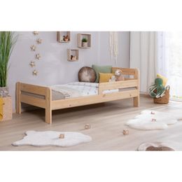 Ticaa Einzelbett Kinderbett Jugendbett, Bennet mit Rausfallschutz & Lattenrost für Schlafzimmer, Kinderzimmer Kiefer Massivholz Bettgestell 90/100/120 x 200 cm