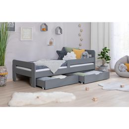 Ticaa Einzelbett Kinderbett Jugendbett, Bennet mit Schubkasten Rausfallschutz für Schlafzimmer, Kinderzimmer Kiefer Massivholz Bettgestell 90/100/120 x 200 cm