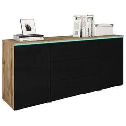 Sideboard Home Affaire "VERA, grifflos", braun (eichefarben votan, schwarz hochglanz), B:150cm H:67,9cm T:39,5cm, Sideboards, Sideboard, verstellbare Einlegeb&ouml;den, Wahlweise mit oder ohne Beleuchtung, Topseller