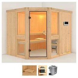 Sauna Karibu "Aline 3", beige (naturbelassen), Bio-Kombiofen, externe Steuerung, 9 kW, Saunen, Ofen 9 kW Bio externe Strg easy