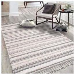 Hochflor-Teppich Carpet City "Valencia 807", blau (graublau, creme), B:140cm H:20mm L:200cm, Polypropylen, Teppiche, Fransenteppich, L&auml;ufer, Boho-Stil, 3D-Effekt, Streifen, Hoch-Tief-Struktur, Fransen
