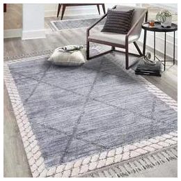 Hochflor-Teppich Carpet City "Valencia 909", blau (graublau, creme), B:140cm H:20mm L:200cm, Polypropylen, Teppiche, Fransenteppich, L&auml;ufer, Boho-Stil, 3D-Effekt, Relief, Hoch-Tief-Struktur, mit Fransen