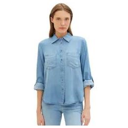Jeansbluse Tom Tailor, Damen, Gr. 36, blau (clean mid stone blau denim), Denim/Jeans, Obermaterial: 100% Lyocell, bequem normal, Rundhals, Blusen Jeansbluse, mit Lyocell und Kentkragen