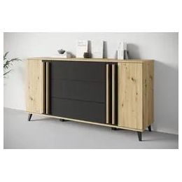 Sideboard Home Affaire "Helsinki, Kommode mit 2 T&uuml;ren und 3 Schubladen, Breite 150 cm", schwarz (eichefarben artisan, graphite schwarz matt), B:150cm H:77,8cm T:39,5cm, Holzwerkstoff, Sideboards, Sideboard, Push-to-Open-Schubladen, h&ouml;henverstellbare Einlegeb&ouml;den