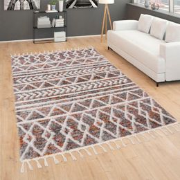 Hochflor-Teppich Paco Home "Monza 653", bunt (mehrfarbig), B:140cm H:34mm L:200cm, Polyester, Teppiche, Fransenteppich, meliert, Rauten Muster, 3D-Effekt, mit Fransen