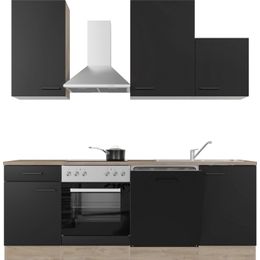 K&uuml;chenzeile Flex-Well "Capri", schwarz (k&uuml;che: schwarz, front: schwarz, korpus: endgrain oak, arbeitsplatte: endgrain oak), B:220cm H:234cm T:60cm, Komplettk&uuml;chen-Sets, K&uuml;chenzeile, mit und ohne E-Ger&auml;ten erh&auml;ltlich, Gesamtbreite 220 cm