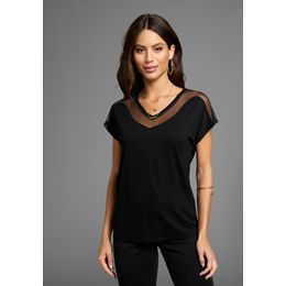 T-Shirt Laura Scott, Damen, Gr. 36/38, schwarz, Jersey, Obermaterial: 95% Viskose, 5% Elasthan. Netz: 100% Polyester, Mesh, unifarben, figurumspielend h&uuml;ftlang, V-Ausschnitt, Shirts T-Shirt, mit Mesh-Einsatz