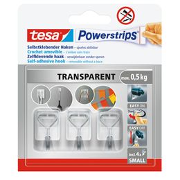 Tesa Selbstklebende Haken 'Powerstrips' transparent mit abnehmbaren Drahthaken 0,5 kg 3 Stück