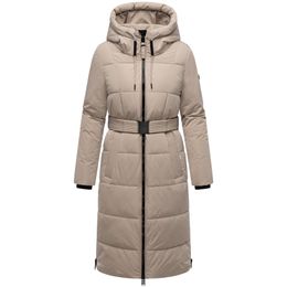 Navahoo Damen Steppmantel lang Wintermantel Parka Jacke wasserabweisend, Kapuze, Teddyfell, Kragen, Gürtel Herbstnebel