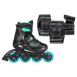 Inlineskates Playlife "Playlife Joker" Gr. 31,5, blau (blau, schwarz), Inlineskates_Rollschuhe, Kinder, 31,5/34 (bis 50 kg), Kunstfaser, mit Schutz Set bestehend aus Knie-, Ellenbogen-, Handgelenksch&uuml;tzern