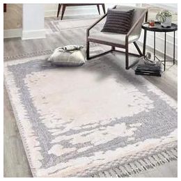 Hochflor-Teppich Carpet City "Valencia 908", beige (creme, graublau), B:200cm H:20mm L:290cm, Polypropylen, Teppiche, Fransenteppich, L&auml;ufer, Boho-Stil, 3D-Effekt, Relief, Hoch-Tief-Struktur, mit Fransen