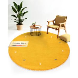 CarpetFine Wollteppich &raquo;Gabbeh Uni&laquo; rund 15 mm H&ouml;he reine Wolle handgewebt, Gabbeh Tiermotiv warmes Raumklima viele Gr&ouml;&szlig;en gelb Wolle