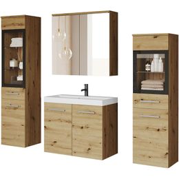 Welltime Badmöbel-Set »MADRIT II, Schrank mit Waschbecken, 2 Hänger, Spiegelschrank« Komplett-Set, 5 Stk. tlg. eiche artisan
