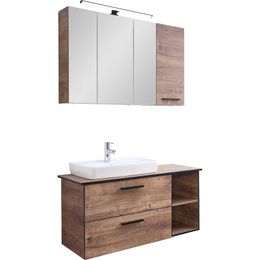 Badm&ouml;bel-Set &raquo;Quickset 374 3-teilig, Keramik-Aufsatzbecken mit LED-Spiegelschrank&laquo; 12 Stk. tlg. braun Spanplatte
