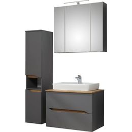 SAPHIR Badmöbel-Set »Quickset 3-teilig, Keramik-Aufsatzbecken mit LED-Spiegelschrank« 3 Stk. tlg. Quarzgrau Matt, Akzent Riviera Eiche quer NB