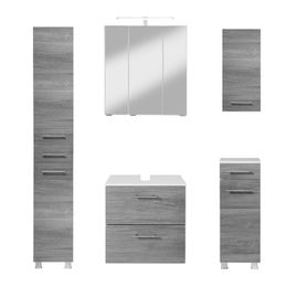 Welltime Badm&ouml;bel-Set &raquo;"Trento", Badezimmer-Set, H&auml;ngeschrank, Unterschrank, Hochschrank&laquo; 5 Stk. tlg. Eiche rauchsilber