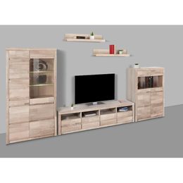 Home Affaire Wohnwand »Silkeborg« Set, 5 Stk. tlg. Eiche weiß gekalkt teilmassiv Set besteht aus 1 Vitrine, 1 Highboard, 1 Lowboard und 2 Wandregalen
