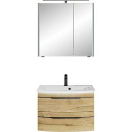 SAPHIR Badmöbel-Set »Serie 7045 2-teilig Mineralmarmor-Waschtisch mit LED-Spiegelschrank« Set, 2 Stk. tlg. Halifax Eiche quer Nachbildung