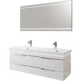 SAPHIR Badm&ouml;bel-Set &raquo;Balto 2-teilig Mineralmarmor-Doppelwaschtisch mit LED-Spiegel&laquo; 2 Stk. tlg. Wei&szlig; Hochglanz mit Chromeinlage