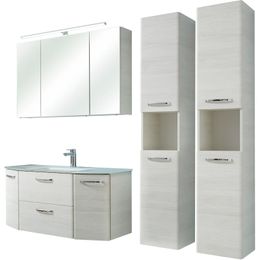 SAPHIR Badmöbel-Set »Quickset 936 4-teilig, Glaswaschtisch und LED-Spiegelschrank« Set, 4 Stk. tlg. Eiche Weiß quer Nachbildung