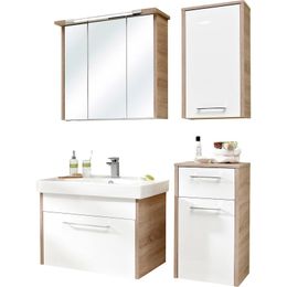 SAPHIR Badmöbel-Set »Quickset 382 4-teilig Keramik-Waschtisch mit LED-Spiegelschrank« 5 Stk. tlg. Eiche Natur quer Nachbildung / Weiß Hochglanz