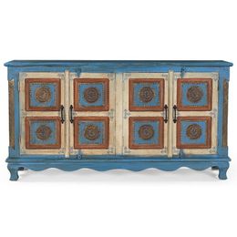 Home Affaire Sideboard »Mahar« mit aufwendiger Schnitzerei, handgefertigt, Unika-Möbel, Breite 160 cm blau-creme