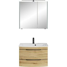 SAPHIR Badmöbel-Set »Serie 7045 2-teilig Mineralmarmor-Waschtisch mit LED-Spiegelschrank« Set, 2 Stk. tlg. Halifax Eiche quer Nachbildung