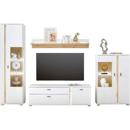 Inosign Wohnwand »LONG ISLAND« Set, 4 Stk. tlg. weiß/eiche Set besteht aus 1 Vitrine, 1 Stauraumvitrine, 1 Lowboard und 1 Wandboard