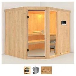 Sauna Karibu "Frigga 3", beige (naturbelassen), Bio-Kombiofen, externe Steuerung, 9 kW, Saunen, Ofen 9 kW Bio externe Strg easy