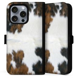 DeinDesign iPhone 16 Pro Max Handy Klapph&uuml;lle Handyh&uuml;lle aus Kunst Leder schwarz Flip Case Cow Fur Cow Skin Sideflip mit Lasche
